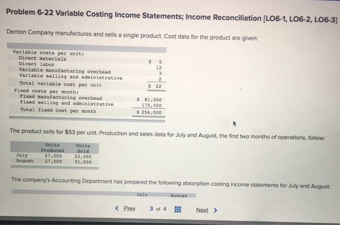 Solved Problem 6-22 Variable Costing Income Statements; | Chegg.com