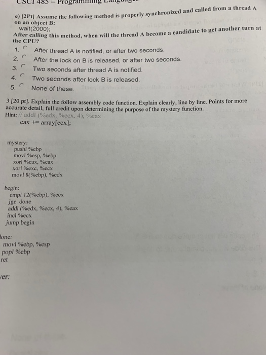 Solved CSCI 485-Programming Lang e) 12Ptl Assume the | Chegg.com