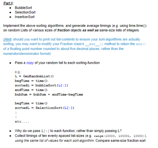 Part 1: • BubbleSort • Selection Sort Insertion Sort | Chegg.com