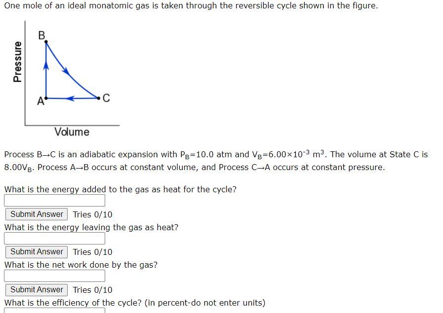 Solved One mole of an ideal monatomic gas is taken through | Chegg.com