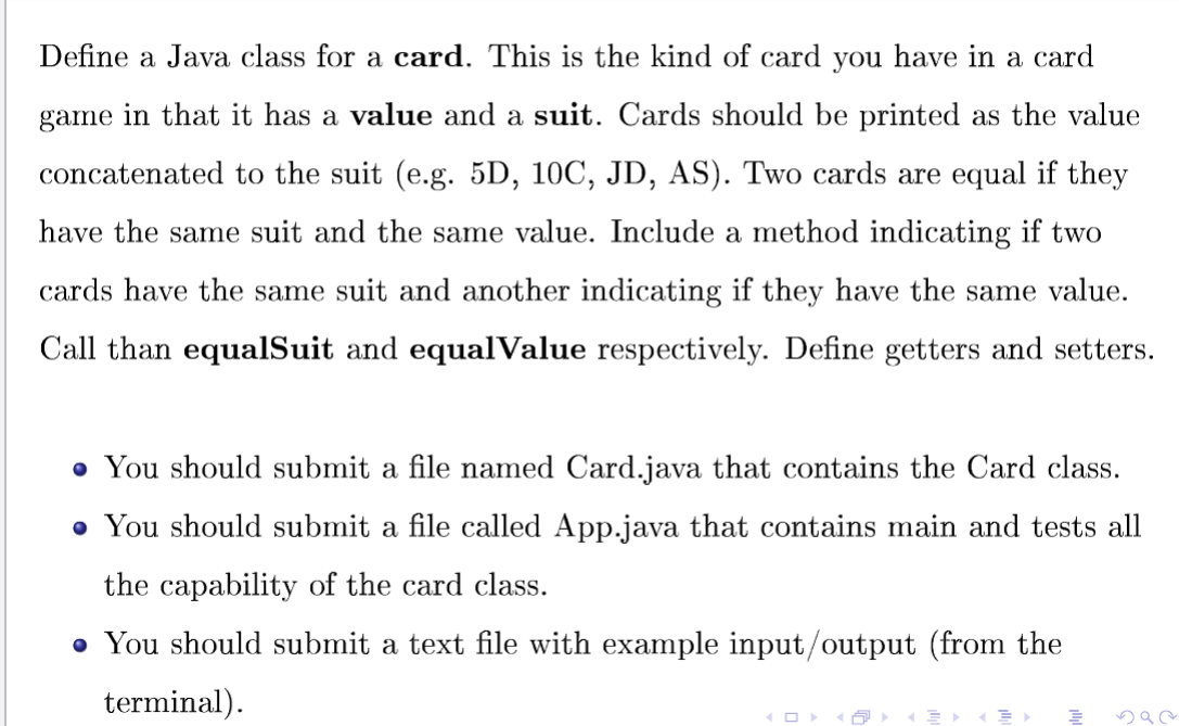 Solved Define a Java class for a card. This is the kind of | Chegg.com