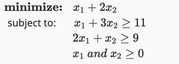 Solved minimize: subject to: x1+2x2x1+3x2≥112x1+x2≥9x1 and | Chegg.com