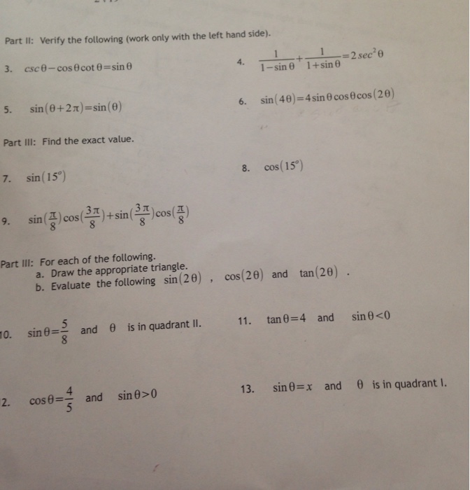 Solved Part II: Verify the following (work only with the | Chegg.com