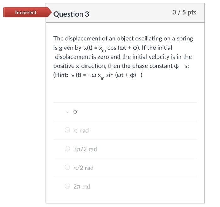 Solved Incorrect Question3 0/5 pts The displacement of an | Chegg.com Solved Incorrect Question3 0/5 pts The displacement of an | Chegg.com