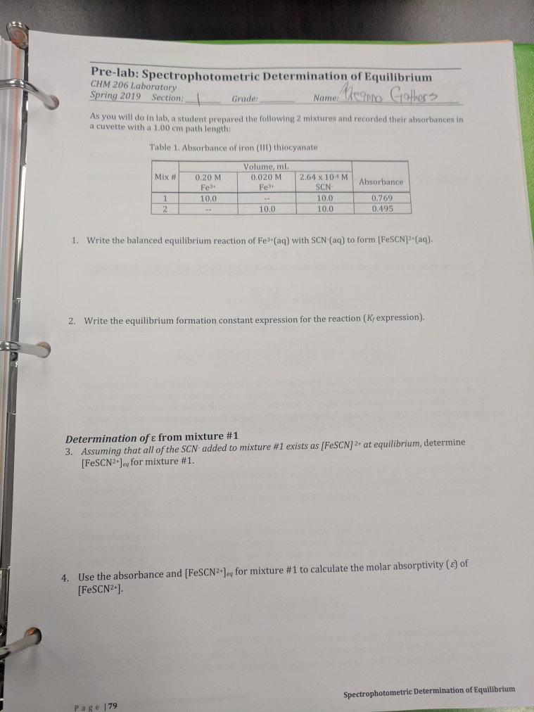 Solved r 3 Pre-lab: Spectrophotometric Determination of | Chegg.com Solved r 3 Pre-lab: Spectrophotometric Determination of | Chegg.com