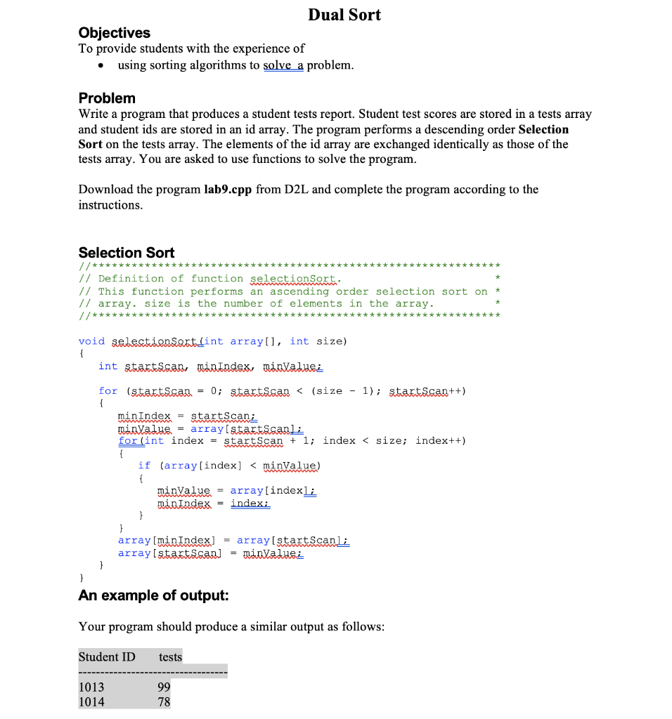 Solved Dual Sort Objectives To provide students with the | Chegg.com
