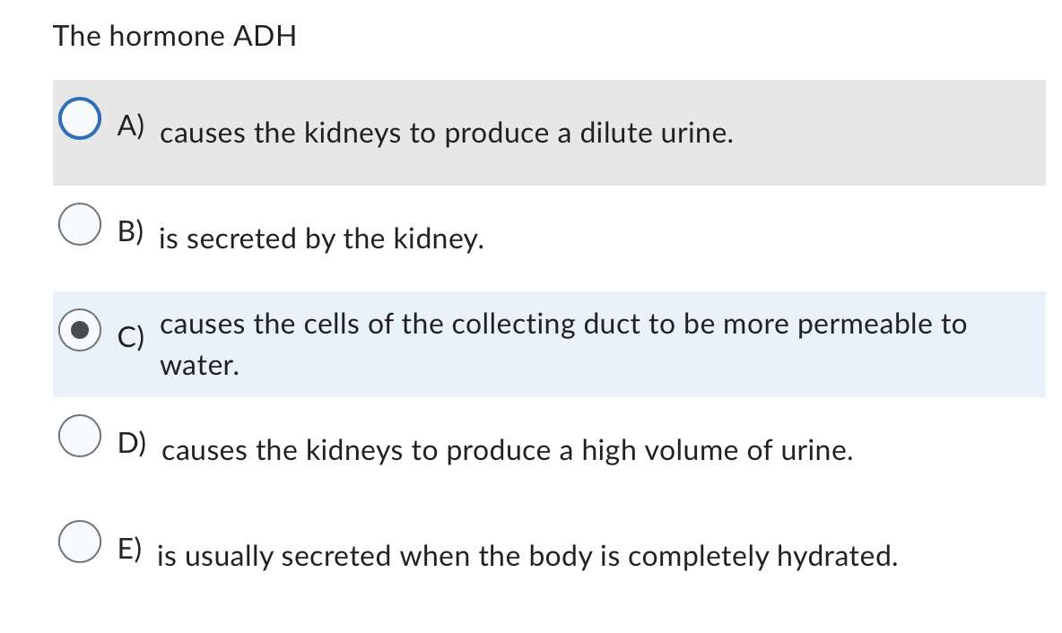 Solved The hormone ADH A) causes the kidneys to produce a | Chegg.com