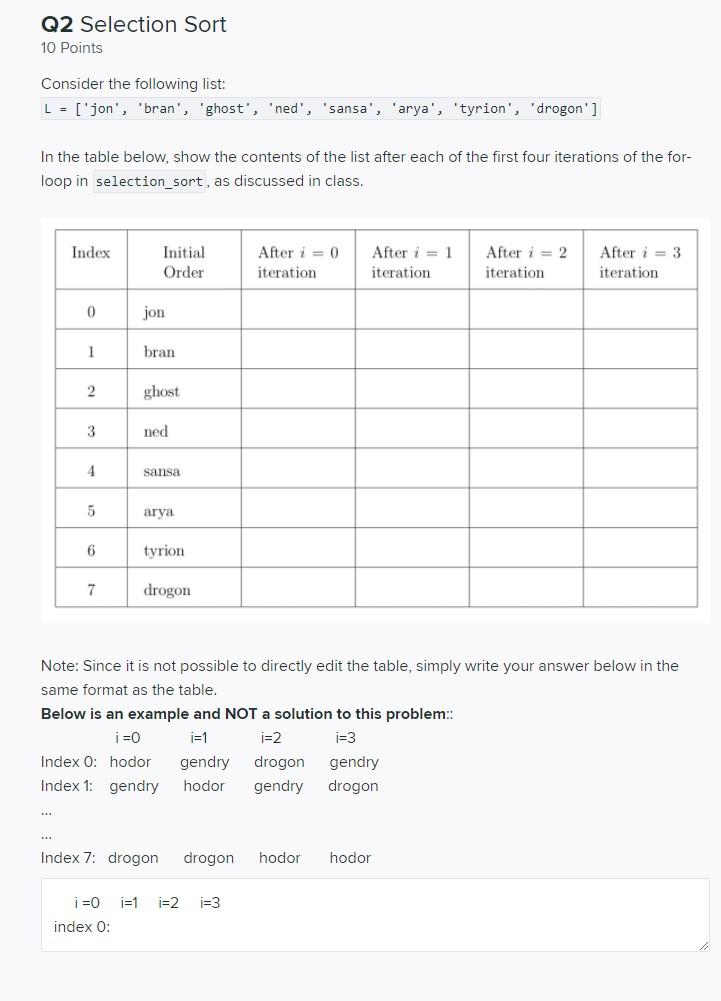 Solved Q2 Selection Sort 10 Points Consider the following | Chegg.com