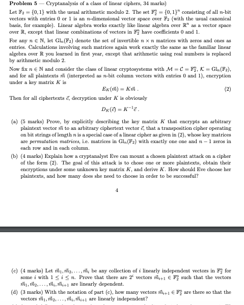 Problem 5 - Cryptanalysis of a class of linear | Chegg.com