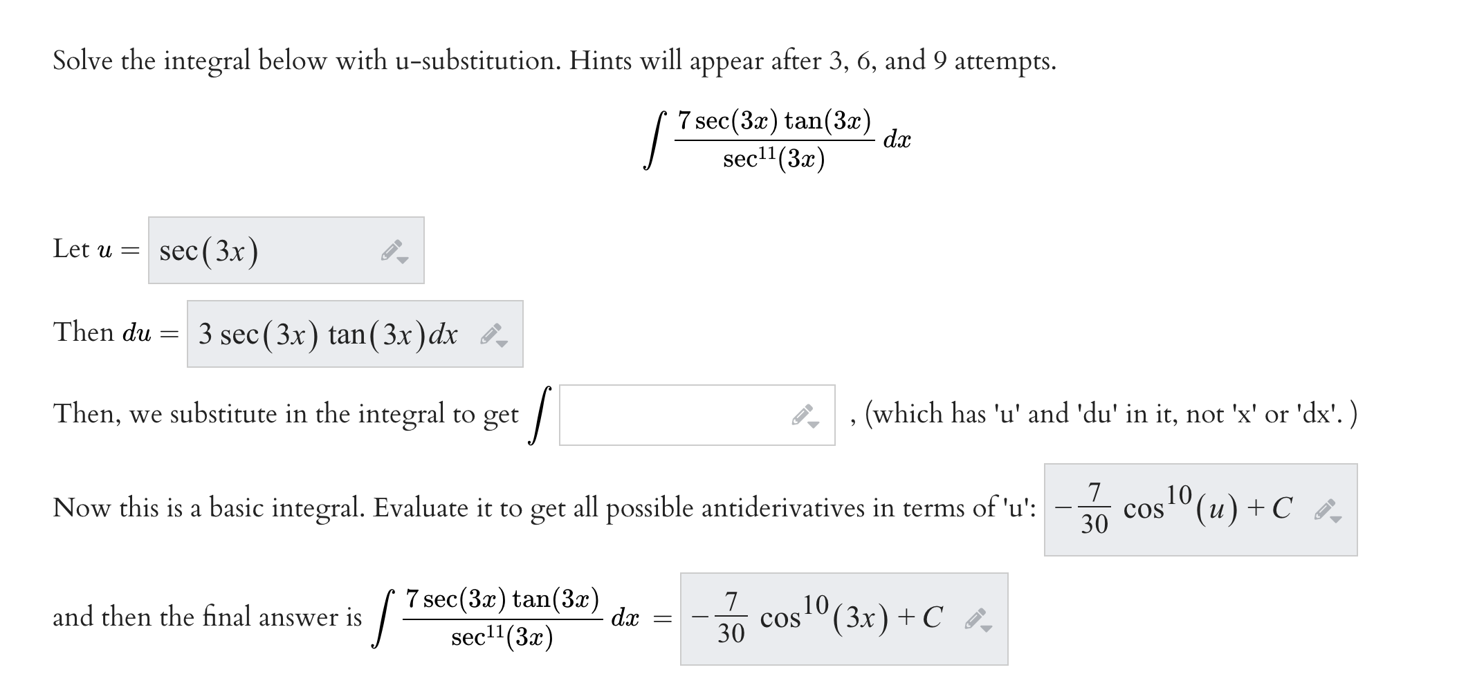 Solved Solve the integral below with u-substitution. Hints | Chegg.com