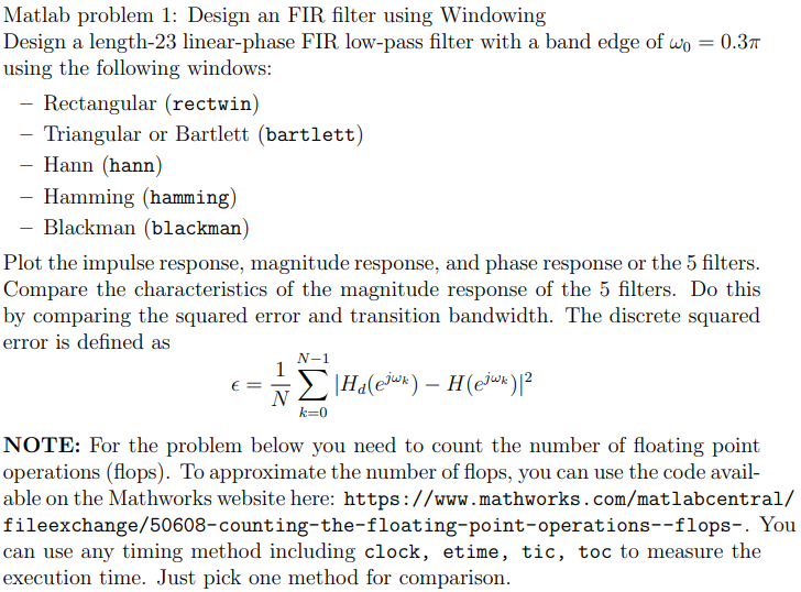 Matlab problem 1: Design an FIR filter using | Chegg.com