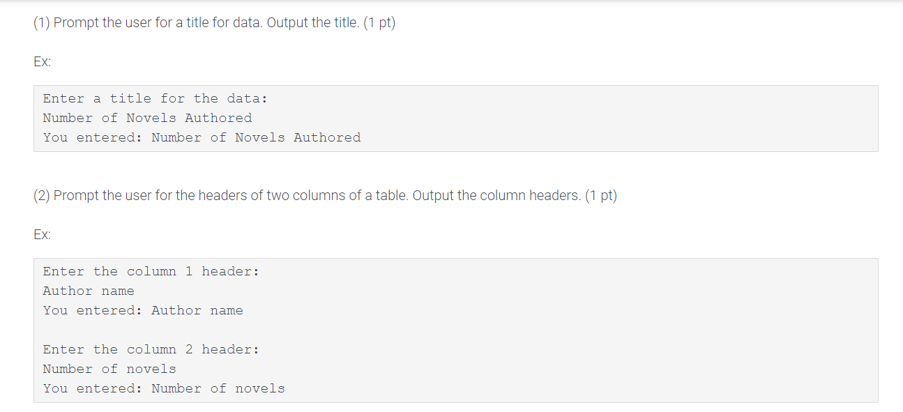 Solved (1) Prompt the user for a title for data. Output the | Chegg.com