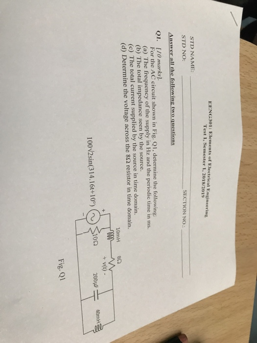 Solved EENG301: Elements of Elec trical Engineering Test 1, | Chegg.com