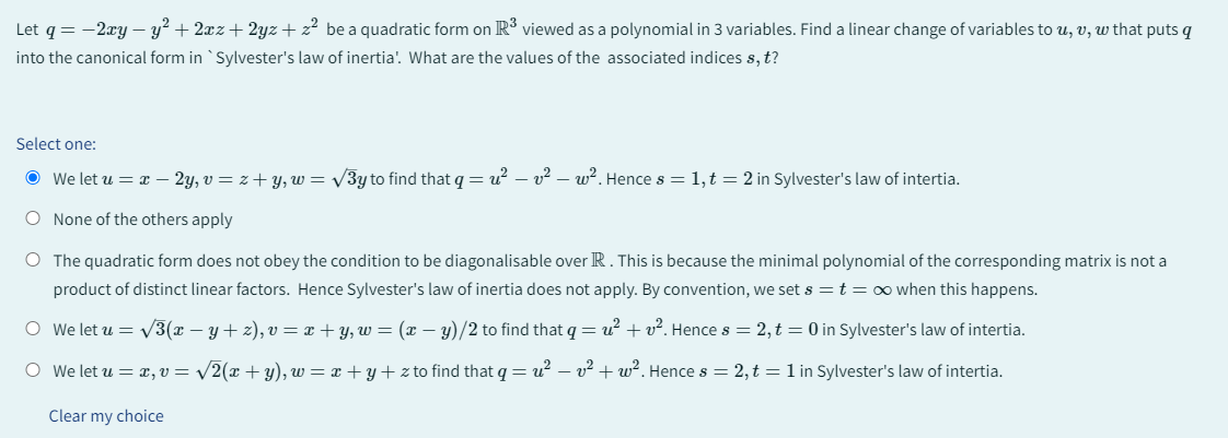 Solved Let q=-2xy-y2+2xz+2yz+z2 ﻿be a quadratic form on R3 | Chegg.com