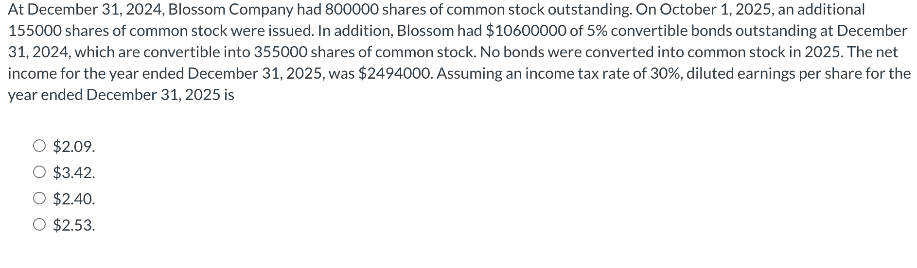 Solved At December 31, 2024, Blossom Company had 800000 | Chegg.com