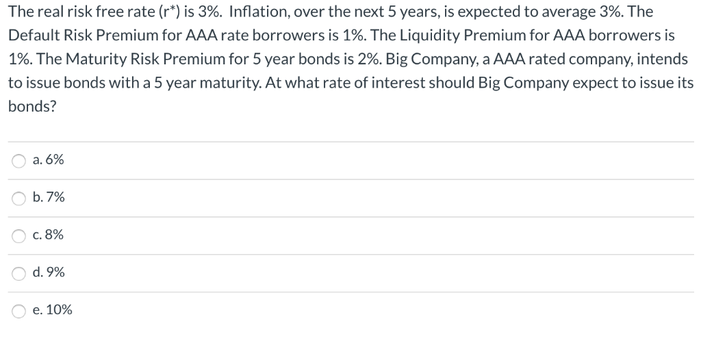 Solved The real risk free rate (r*) is 3%. Inflation, over | Chegg.com