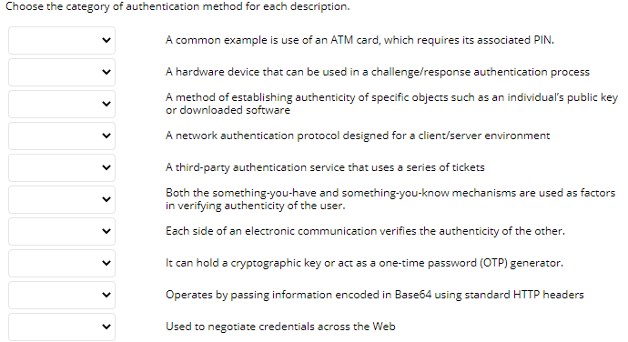Solved Choose the category of authentication method for each | Chegg.com