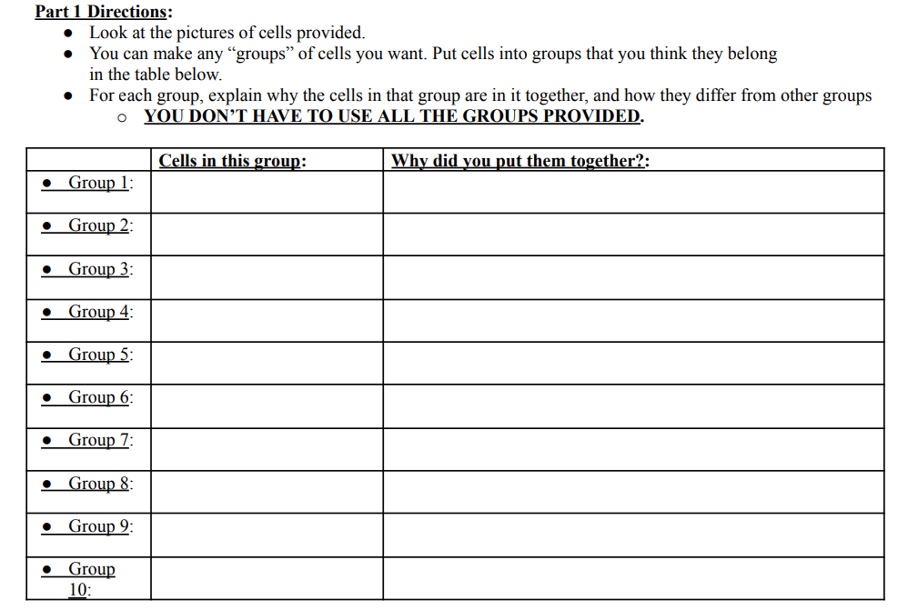 Solved Part 1 Directions: - Look at the pictures of cells | Chegg.com