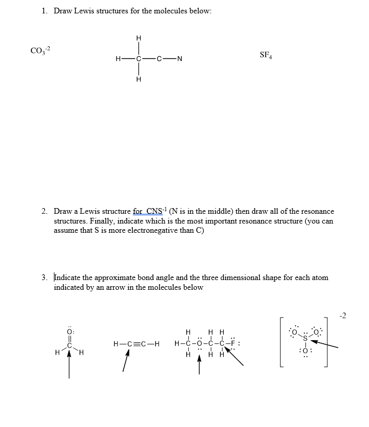 Solved 1. Draw Lewis structures for the molecules below: Н. | Chegg.com