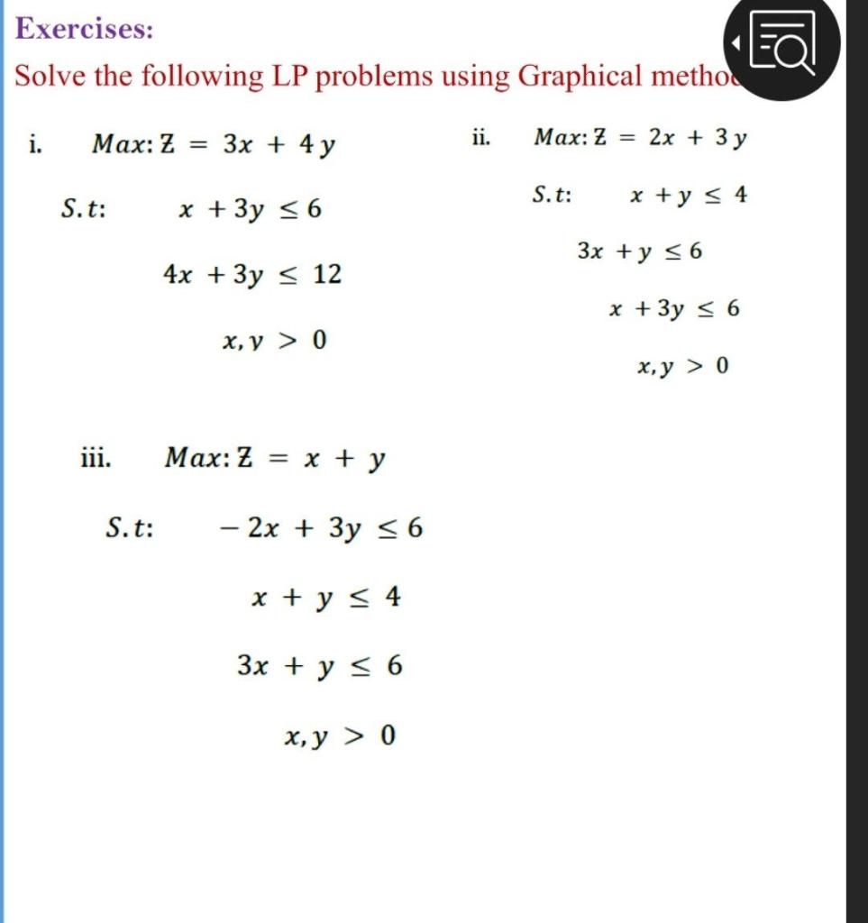 Solved Exercises: Solve the following LP problems using | Chegg.com