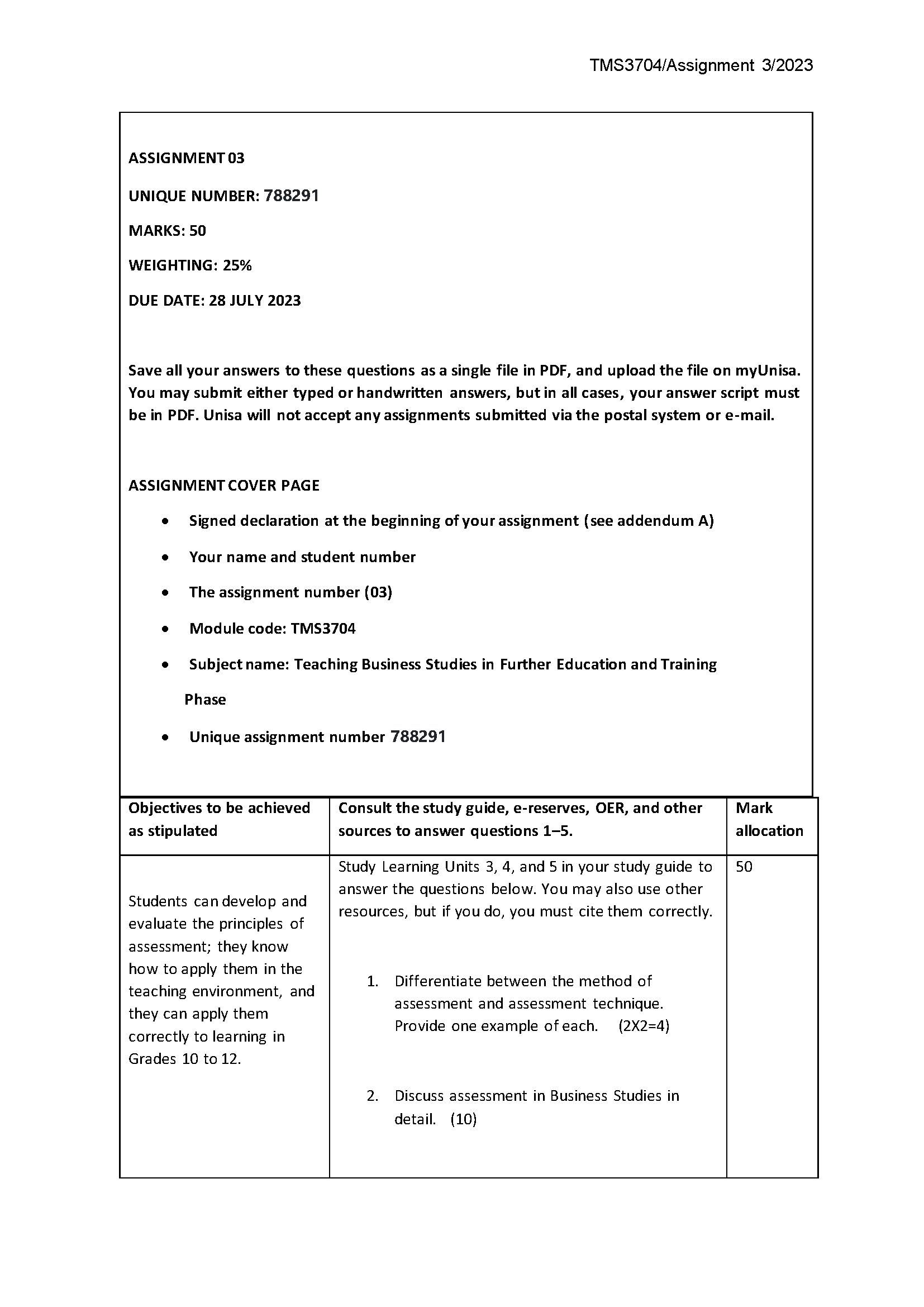 Solved TMS 3704 Year module DEPARTMENT: CURRICULUM AND | Chegg.com