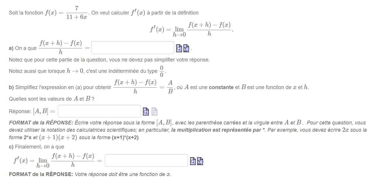 Solved Soit la fonction f(x)=11+6x7. On veut calculer f′(x) | Chegg.com