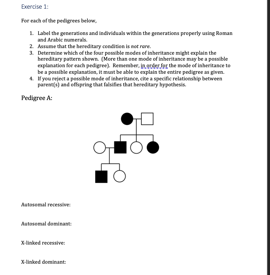 Solved Exercise 1: For each of the pedigrees below, 1. Label | Chegg.com
