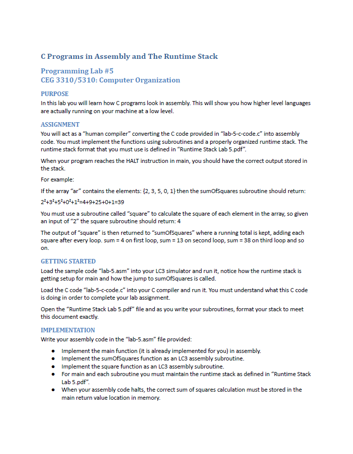 C Programs in Assembly and The Runtime Stack | Chegg.com