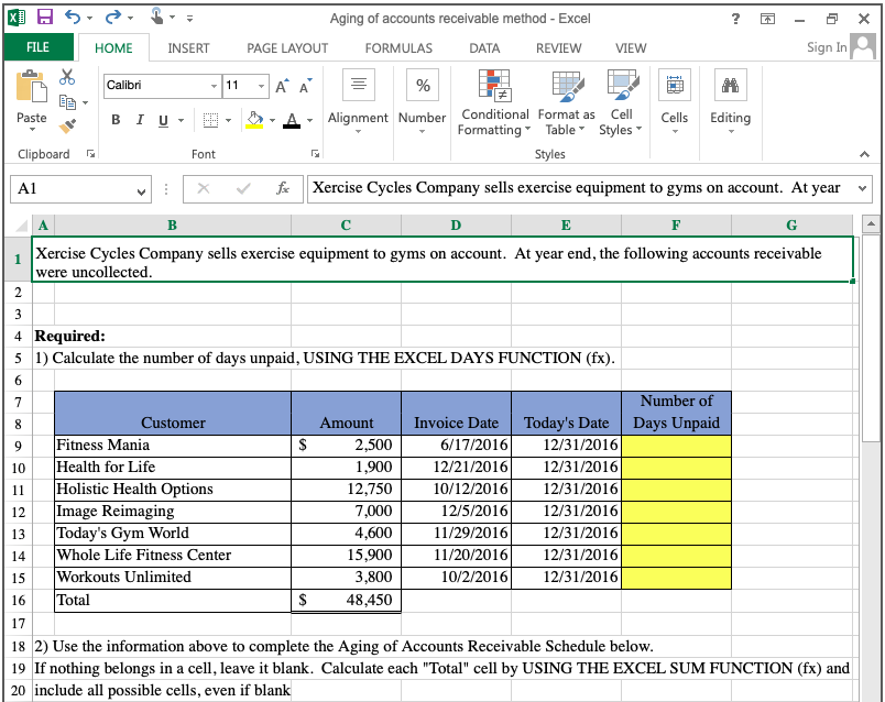 Solved Aging of Accounts Receivable Method using Excel's SUM | Chegg.com