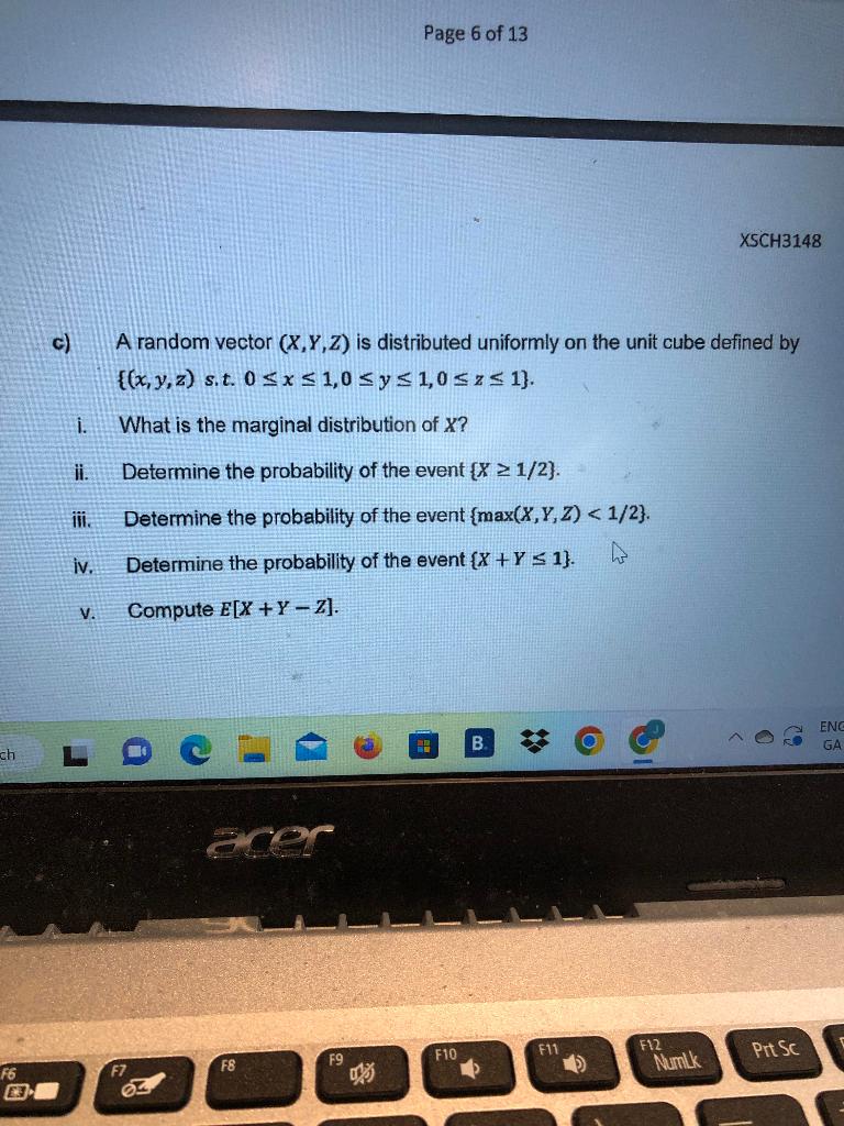 c) A random vector (X,Y,Z) is distributed uniformly | Chegg.com