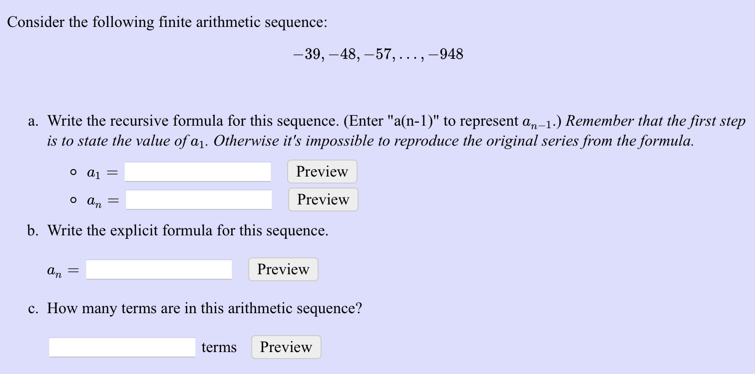 Solved Consider the following finite arithmetic sequence: | Chegg.com