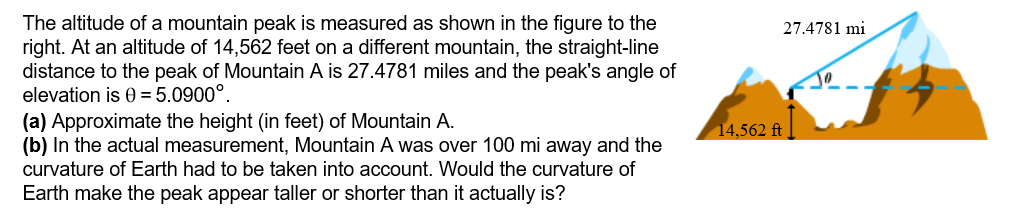 Solved The altitude of a mountain peak is measured as shown | Chegg.com