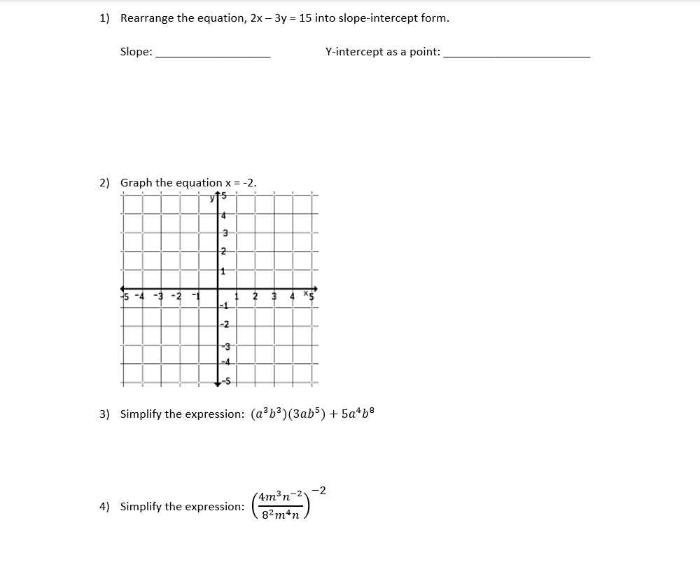 Solved 1) Rearrange the equation, 2x - 3y = 15 into | Chegg.com