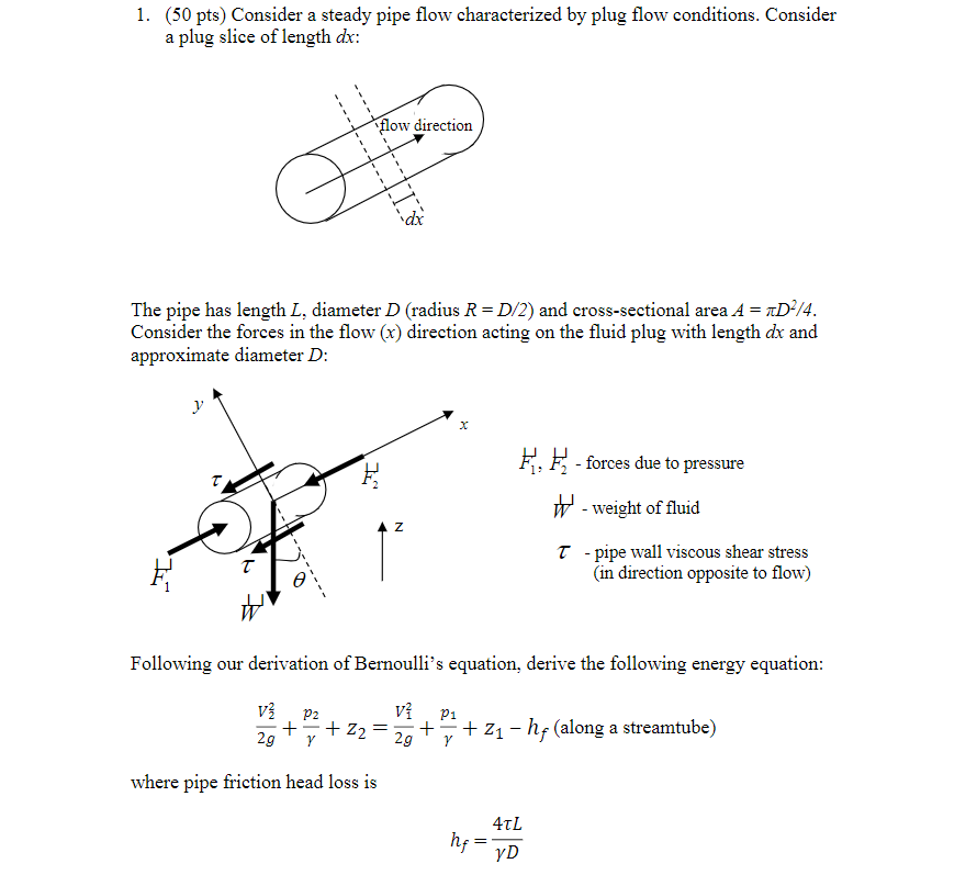 Solved (50 pts) Consider a steady pipe flow characterized by | Chegg.com