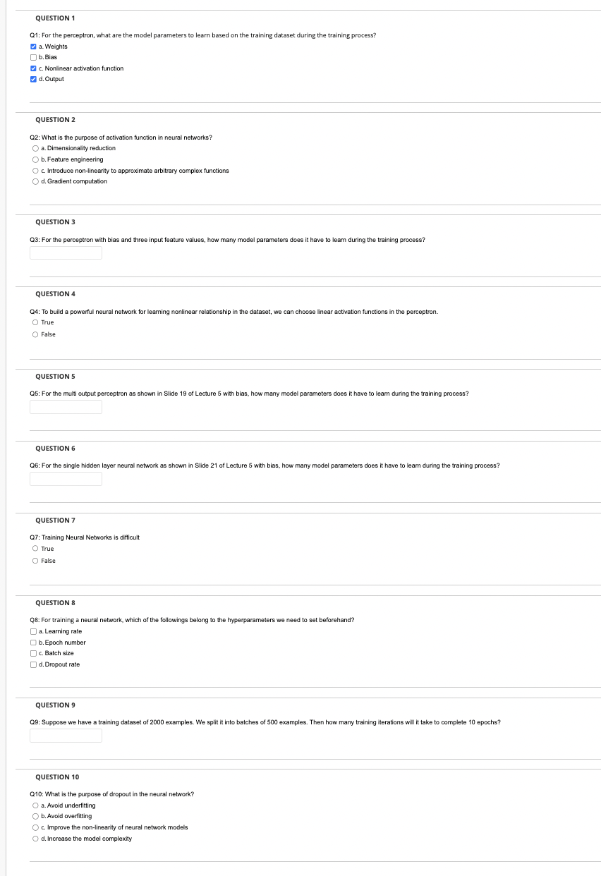 Solved Q1: For the perceptron, what are the model parameters | Chegg.com