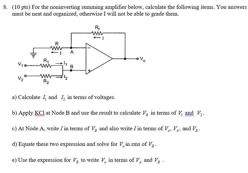 Solved (10 pts) For the noninverting summing amplifier | Chegg.com