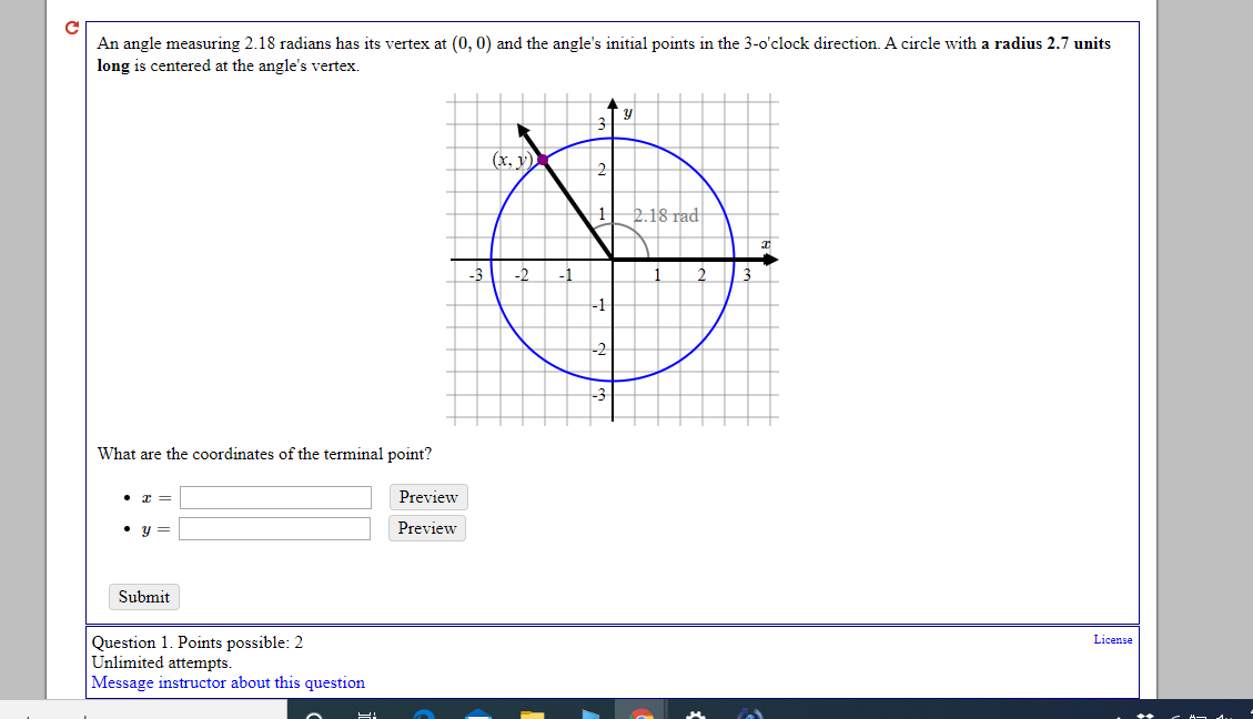 Solved An angle measuring 2.18 radians has its vertex at | Chegg.com