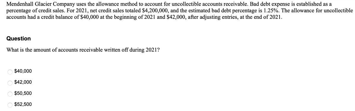 Solved Mendenhall Glacier Company uses the allowance method | Chegg.com