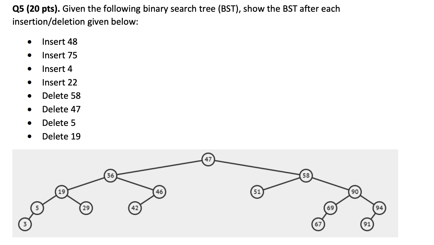 Solved Q5 (20 pts). Given the following binary search tree | Chegg.com