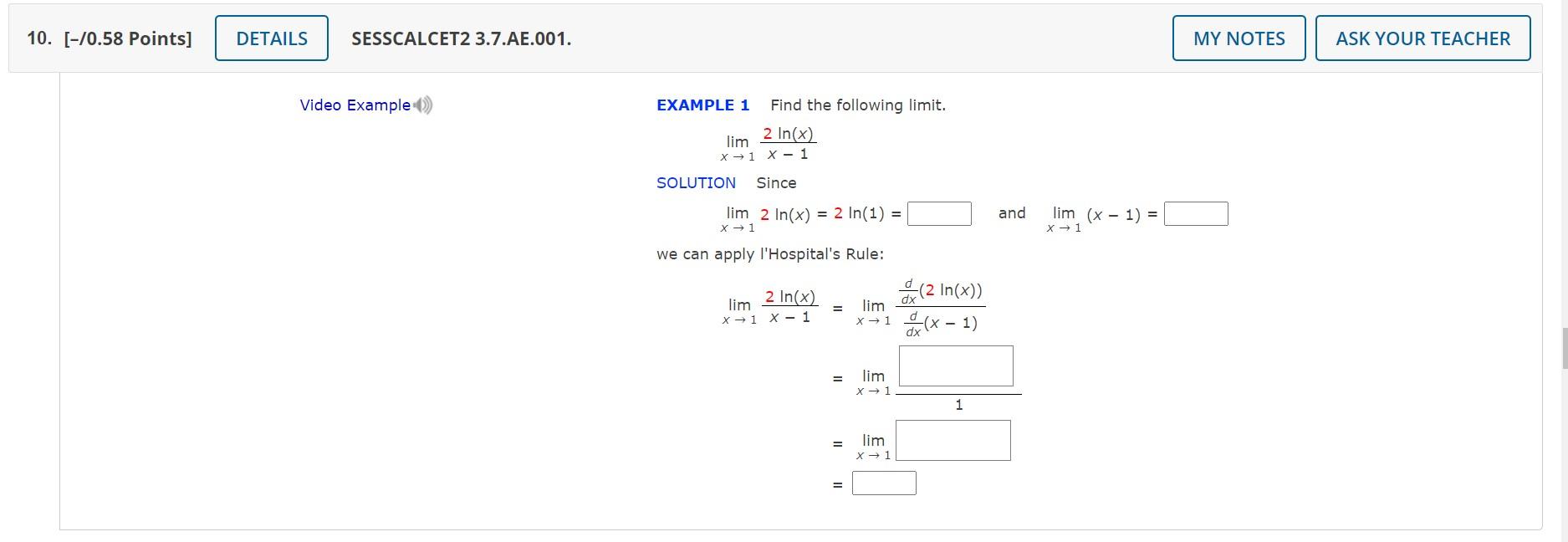Solved EXAMPLE 1 Find the following limit. limx→1x−12ln(x) | Chegg.com