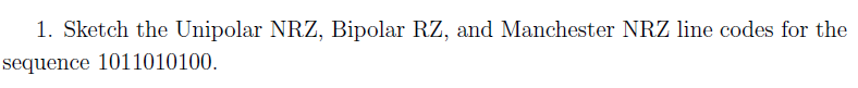 1. Sketch the Unipolar NRZ, Bipolar RZ, and | Chegg.com