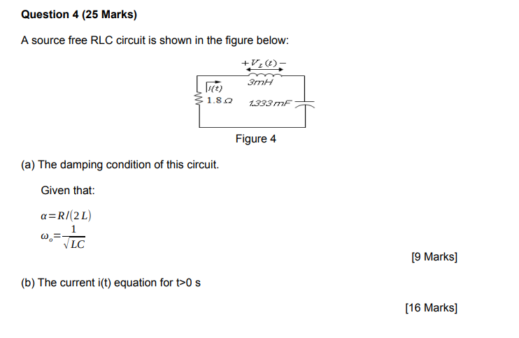 Solved A source free RLC circuit is shown in the figure | Chegg.com