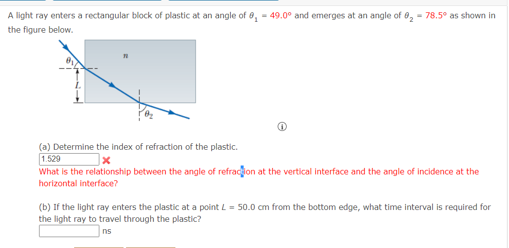 Solved light ray enters a rectangular block of plastic at an | Chegg.com