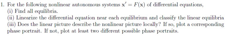 Solved 1. For the following nonlinear autonomous systems x' | Chegg.com