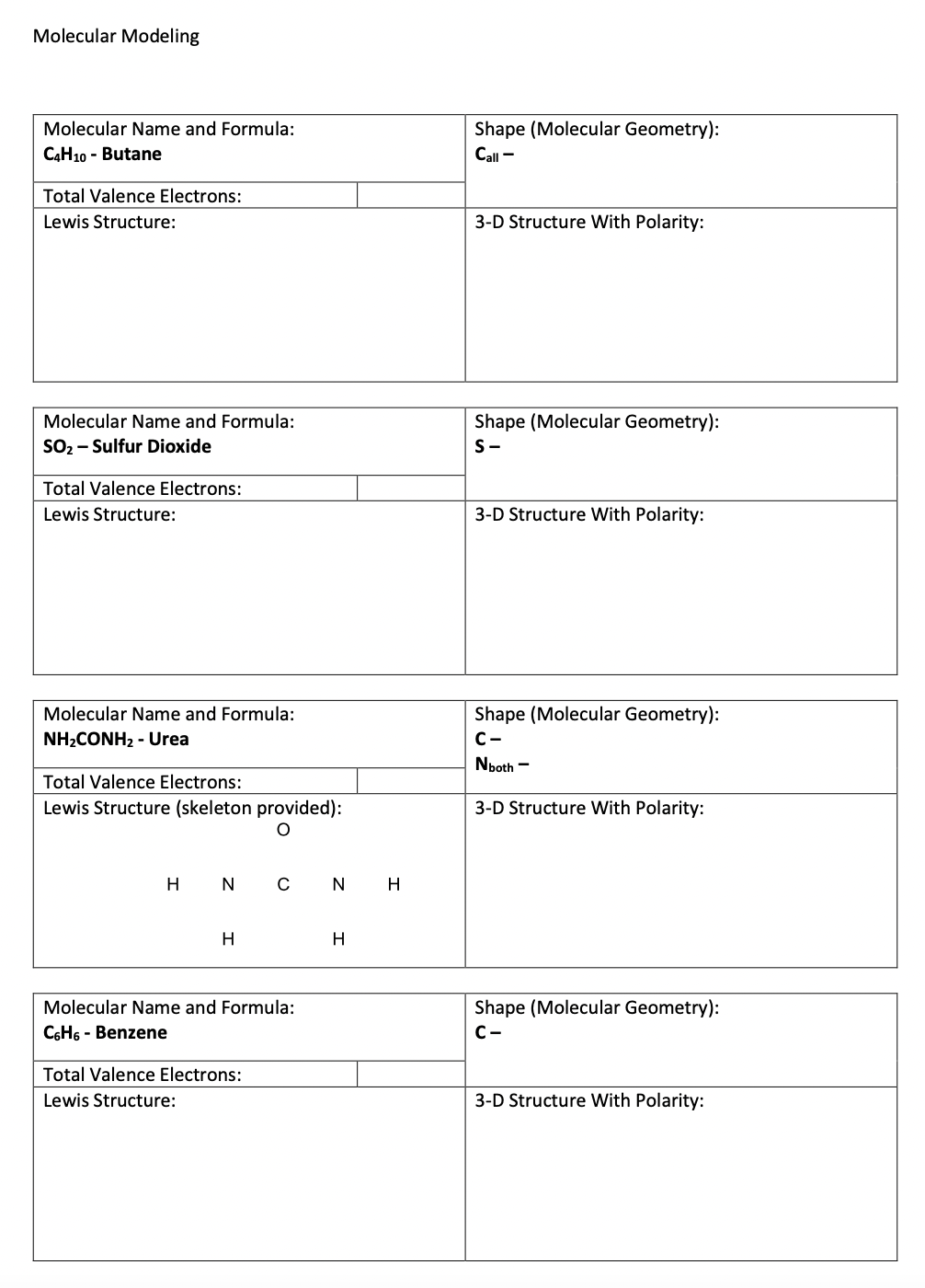 Solved Molecular Modeling The following worksheet is | Chegg.com