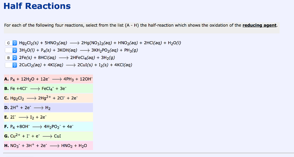 Solved Half Reactions For each of the following four | Chegg.com