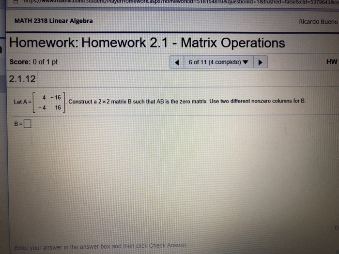 Solved MATH 2318 Linear Algebra Homework: Homework 2.1 | Chegg.com