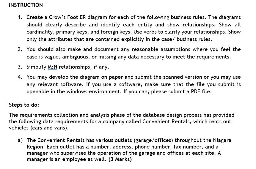 Solved INSTRUCTION 1. Create a Crow's Foot ER diagram for | Chegg.com