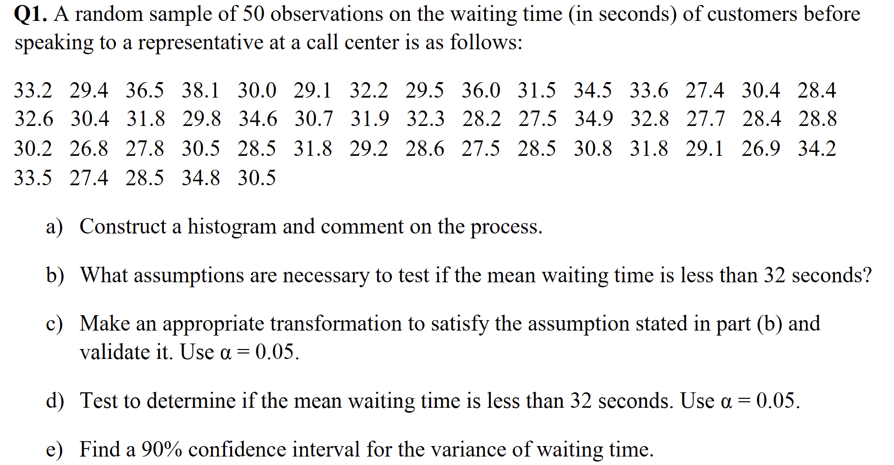 Solved Q1. A random sample of 50 observations on the waiting | Chegg.com