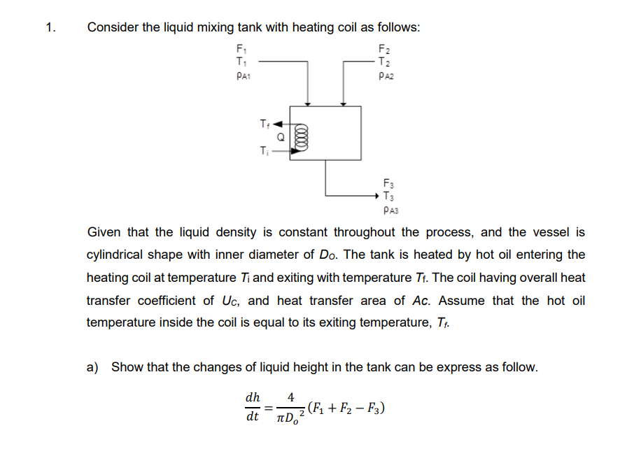 Solved 1. Consider the liquid mixing tank with heating coil | Chegg.com